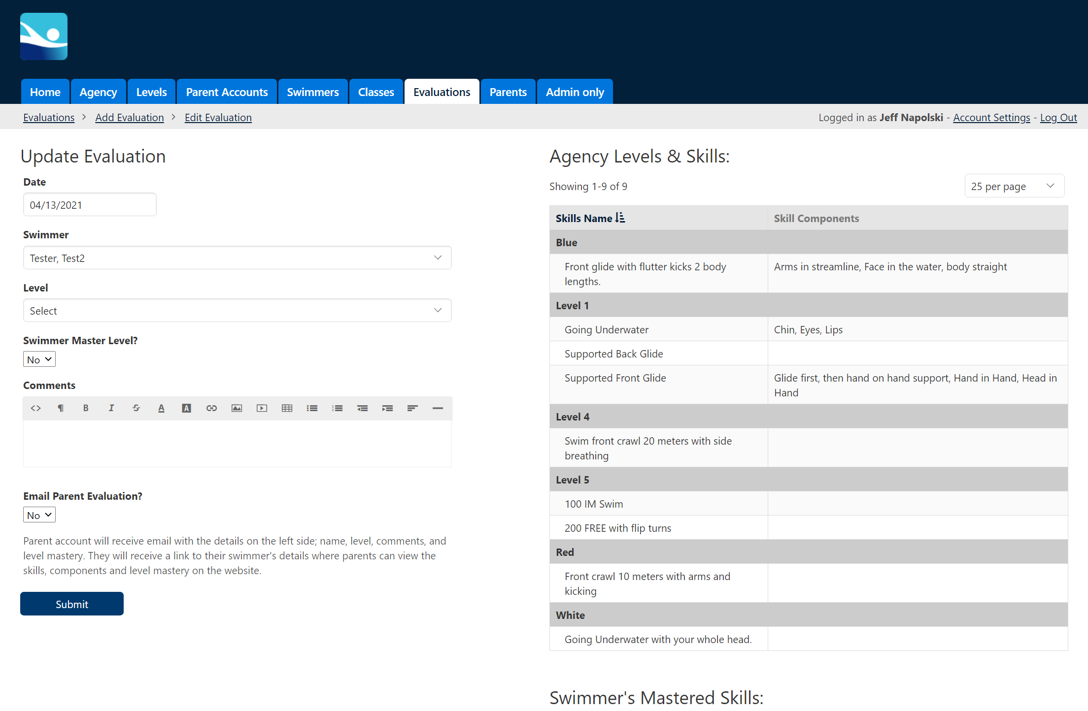 Evaluations for swimmers in Lesson Management